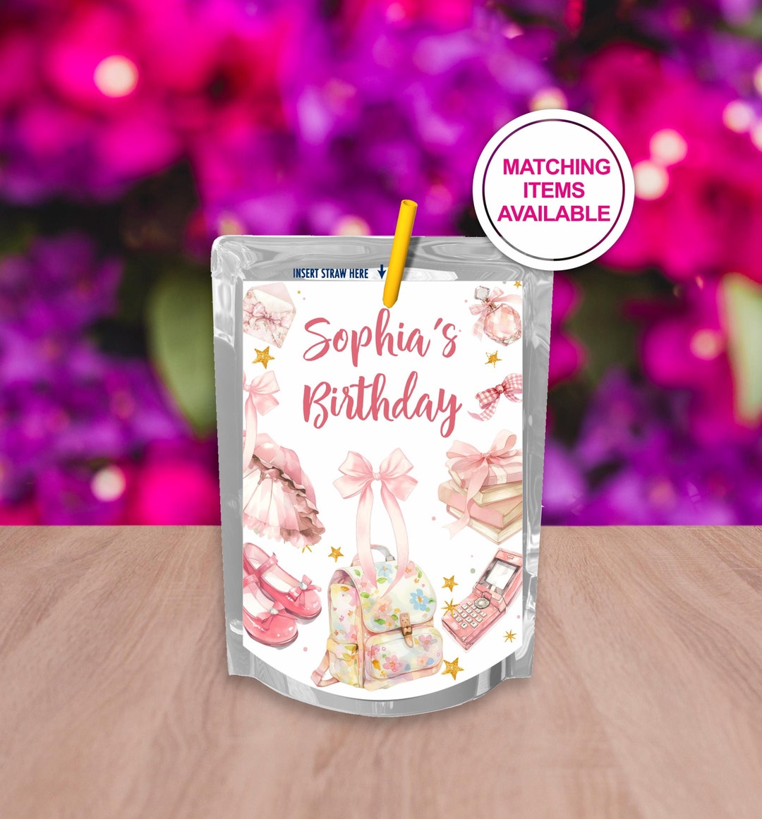 Pink Bow Capri Sun Birthday Label, Coquette Party Favor (digital ...