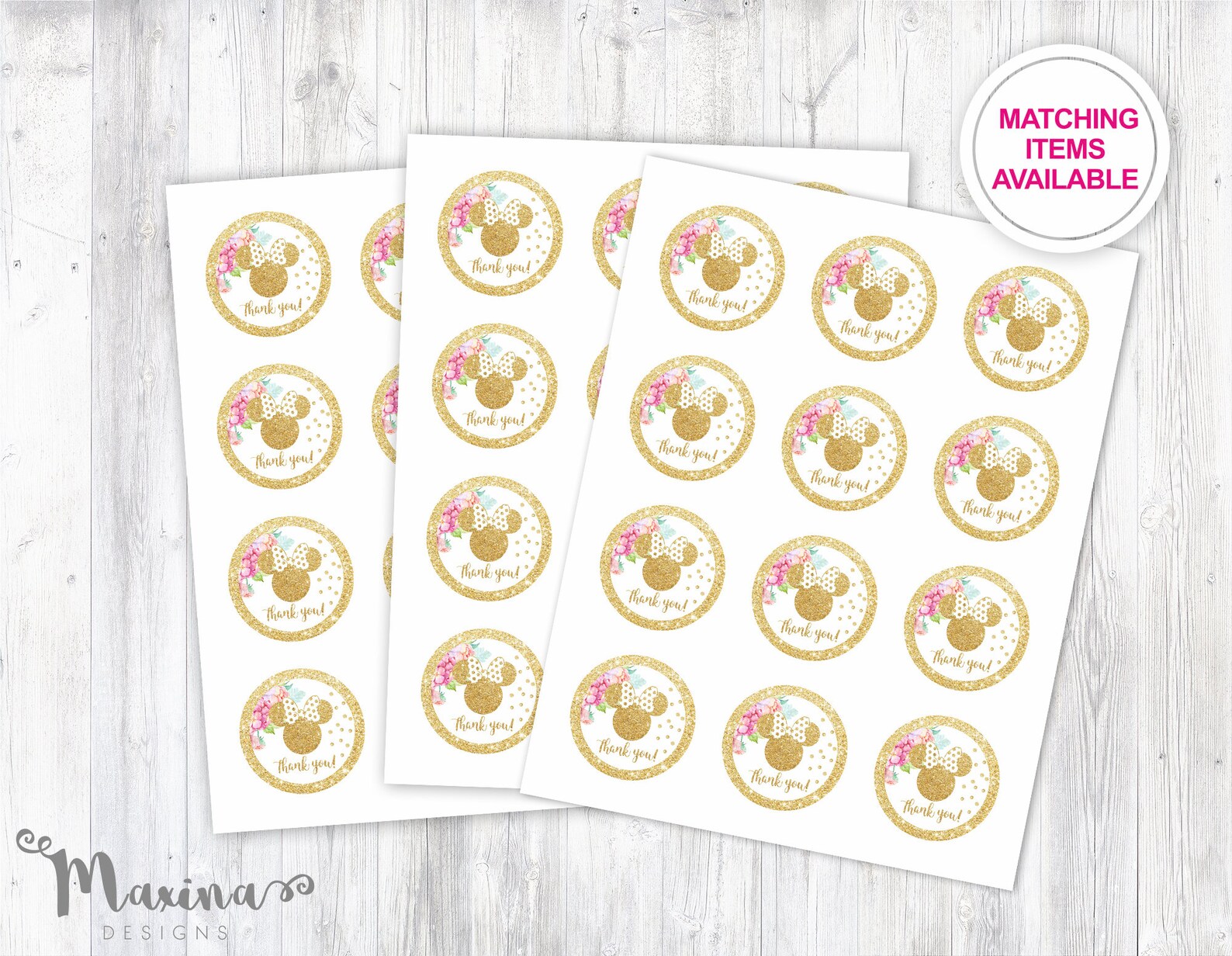 Minnie Mouse Thank You Favor Stickers, Birthday Party (digital Download ...