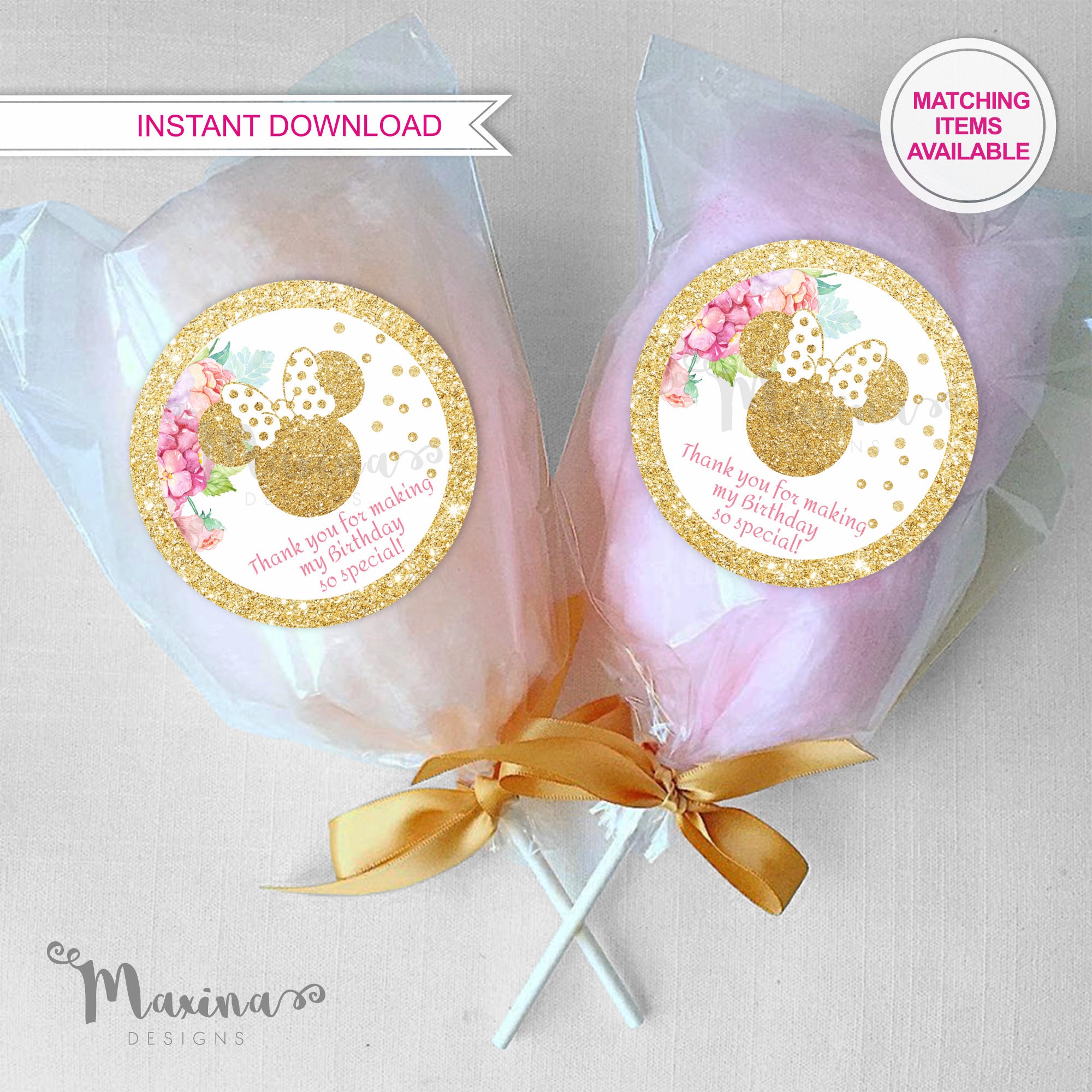 Minnie Mouse Birthday Favor Stickers | Editable Thank You Tags (instant ...