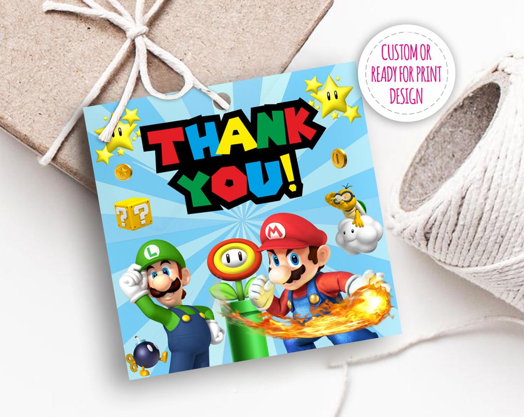 SUPER MARIO Square Sticker Favor Tag Custom Mario and Luigi Label Thank ...