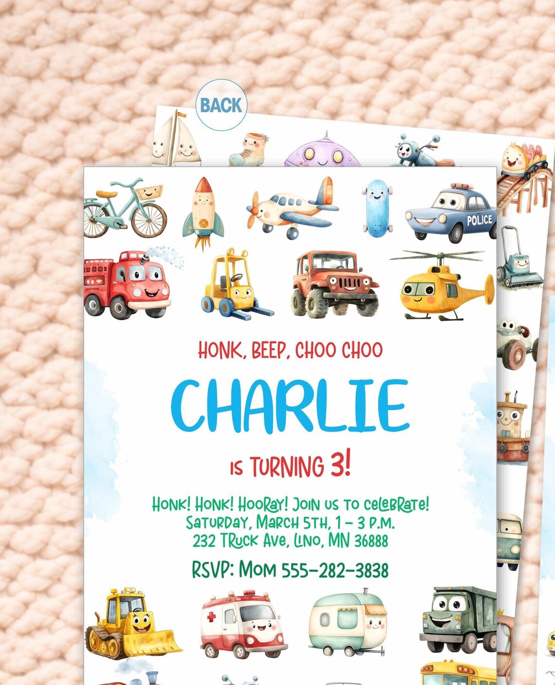 Honk, Beep, Choo Transportation Birthday Invitation | Canva Editable ...