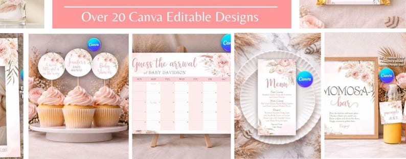 Pampas Boho Baby Shower Bundle | Neutral Blush Editable Canva Templates ...