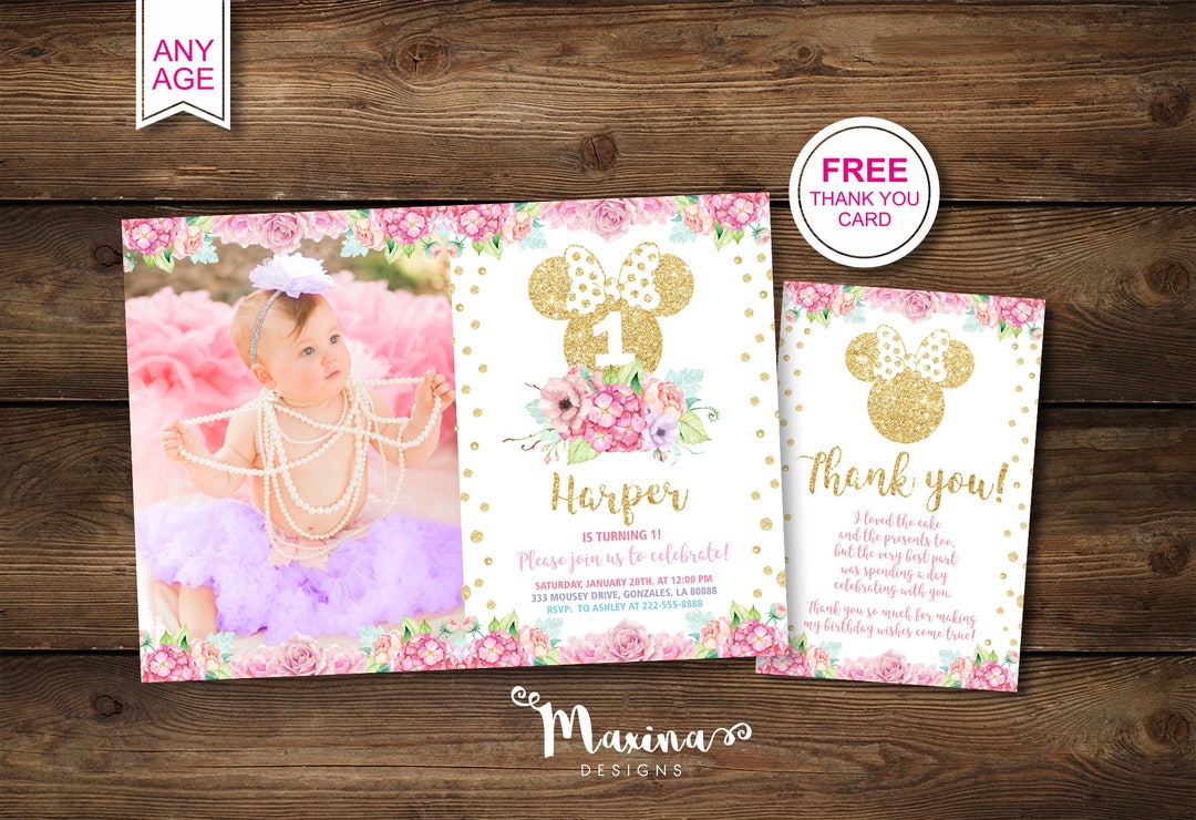 Minnie Mouse Birthday Photo Invitation | Floral Evite + Thank You Card ...