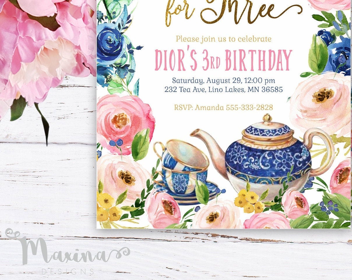 Tea for Three Invitation Tea 3rd Birthday Invite Par-tea | Etsy
