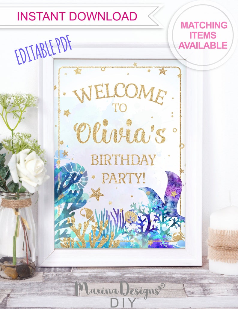 Mermaid Birthday Welcome Sign, Editable Party Decor (PDF) - Etsy