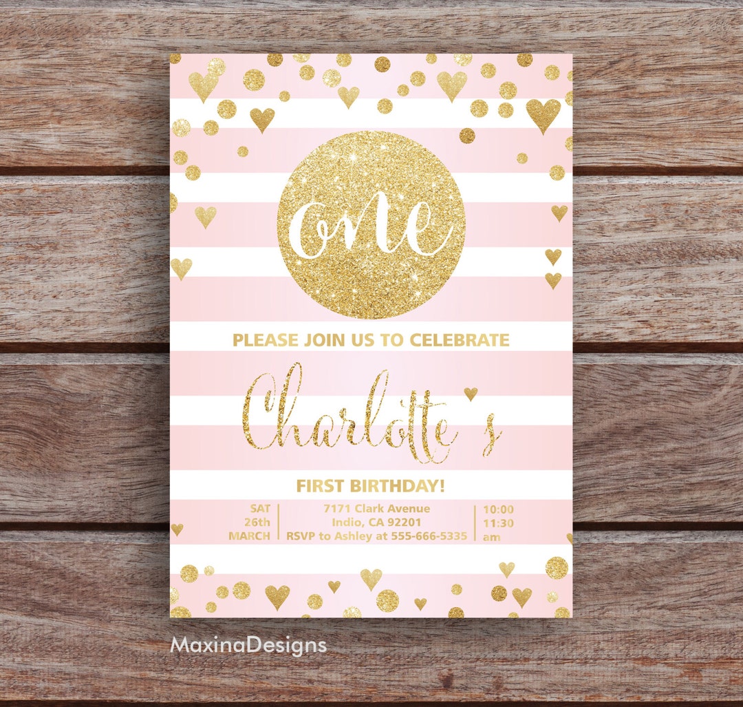 First Birthday Invitation Girl Pink Stripes Gold Glitter Confetti, Baby ...