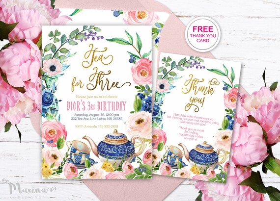 Tea for Three Invitation Tea 3rd Birthday Invite Par-tea | Etsy