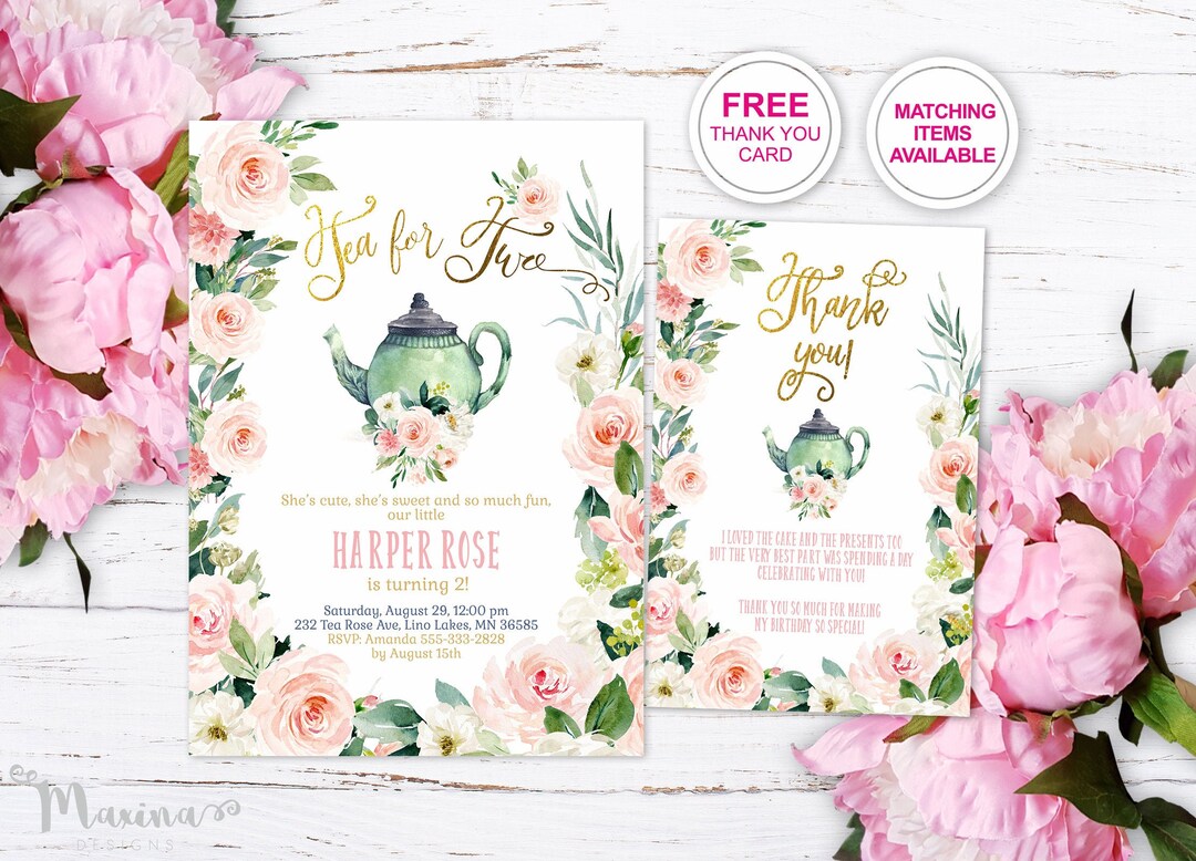 TEA for TWO Invitation, Tea 2nd Birthday Invite, Par-tea Invitation ...