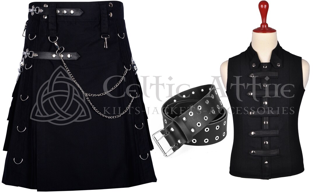 Gothic Kilt Value Pack - Premium Black Cotton Utility Kilt - Punk Rock ...