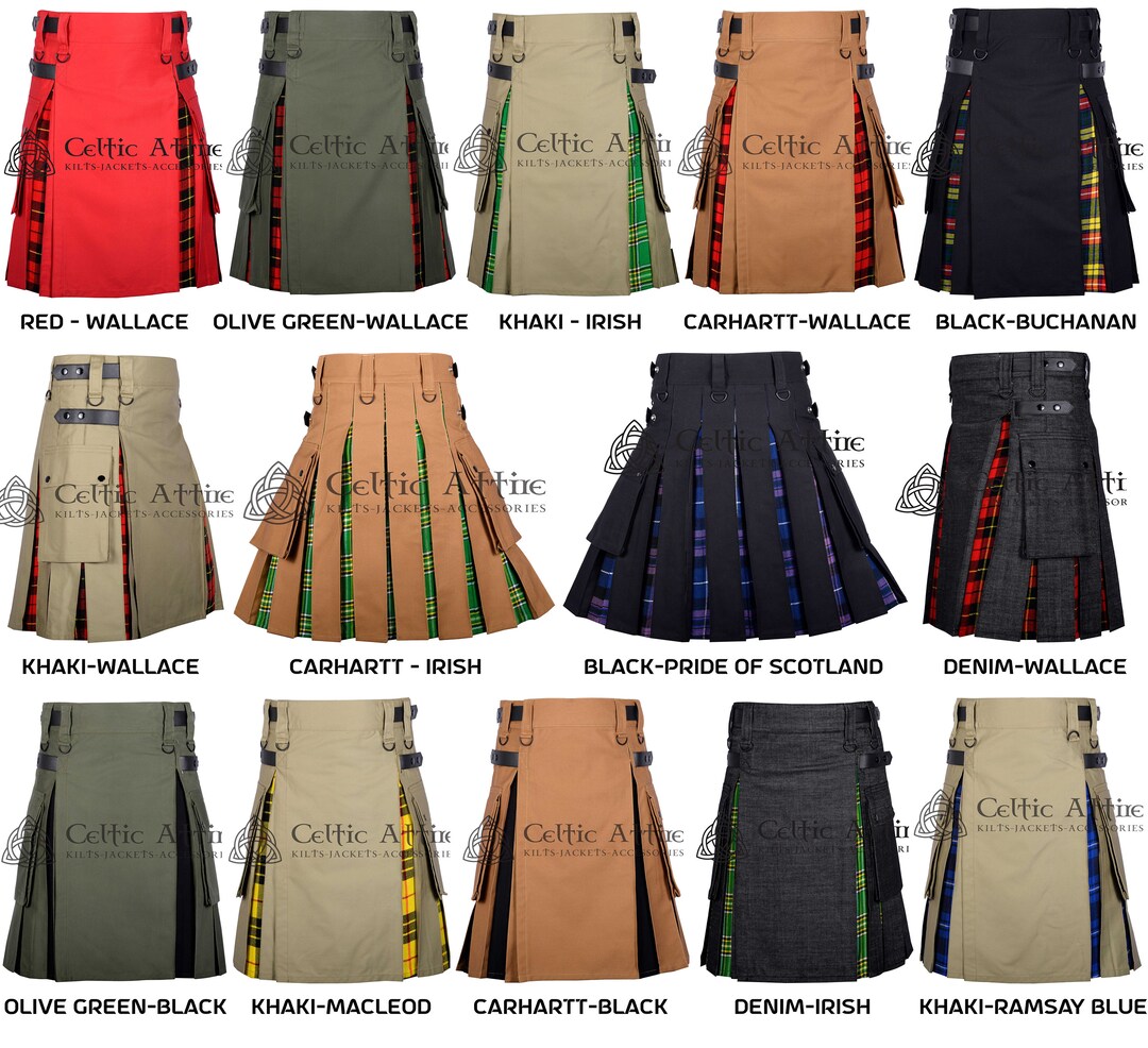 Scottish Hybrid UTILITY KILTS for Men - Heavy Cotton With Tartan Under Pleats Modern Cargo ...