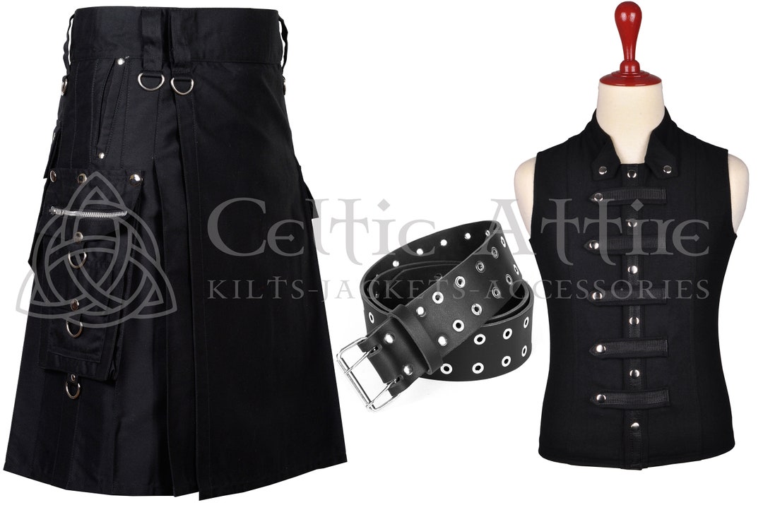 Black Cotton Gothic Kilt Value Pack - Black Utility Kilt - Punk Rock ...