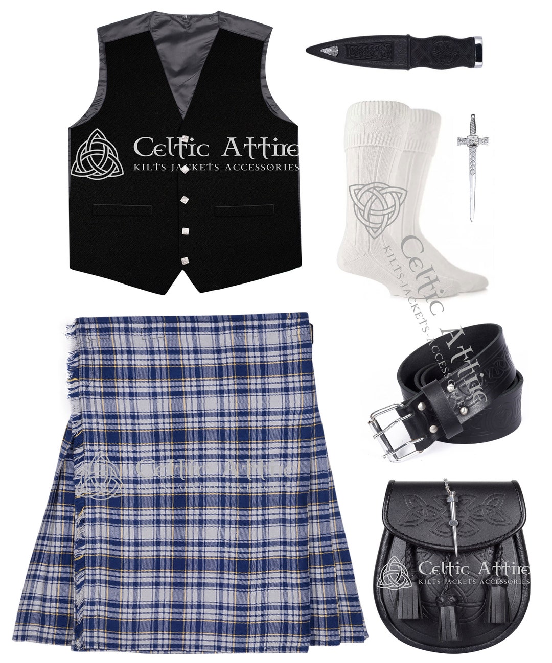 Scottish Tartan Kilt Set - 8 Yard Highlander Kilt for Men - 7 Pcs Kilt ...