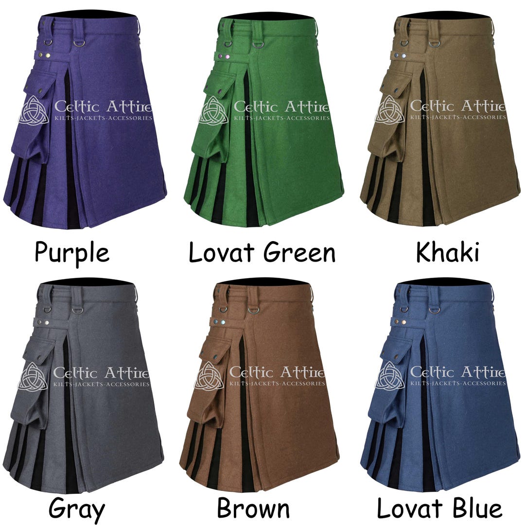 Solid Wool Utility Hybrid Kilt for Men - Scottish Highlander Cargo ...
