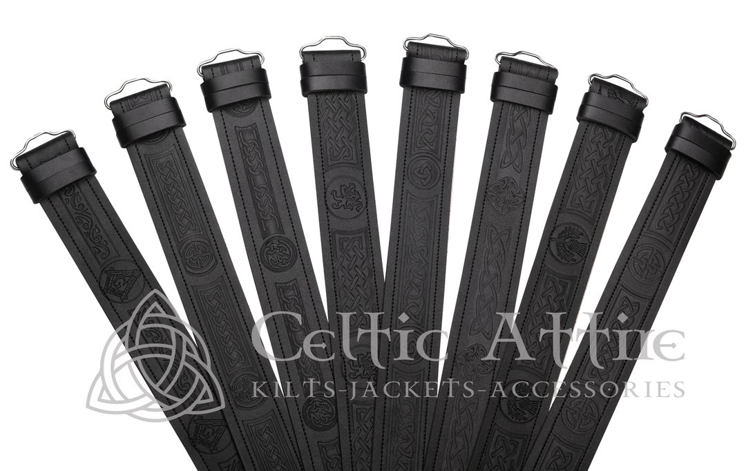 Black Leather Embossed KILT BELT - Handmade Custom Size Kilt Belt - 2. ...