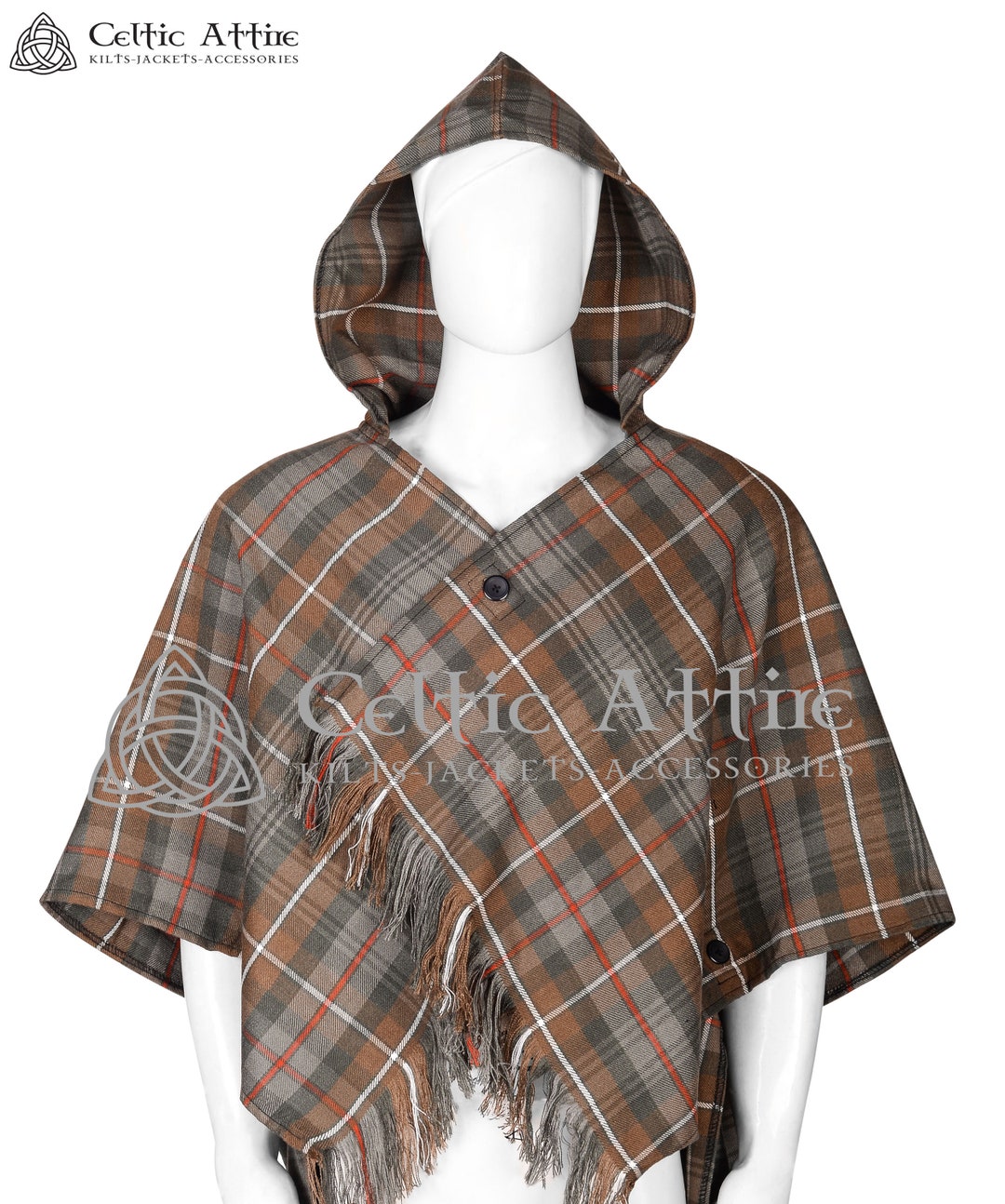 Scottish Tartan Buttoned Poncho Hoodie - Made to Order - Hand Fringed ...