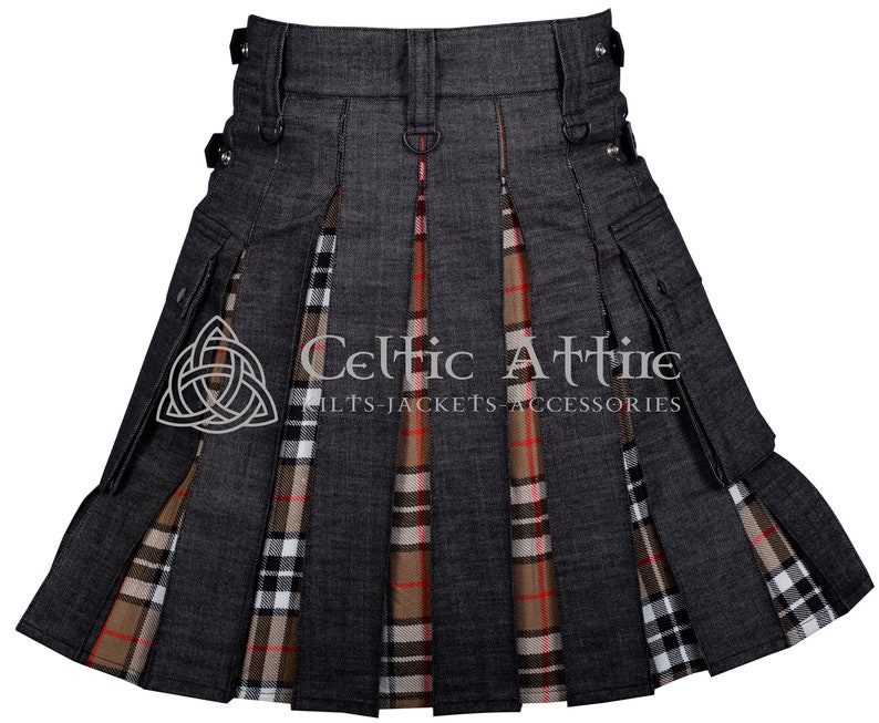 Black Denim Utility Hybrid Kilt - Scottish Tartan Cargo Pockets KILT ...