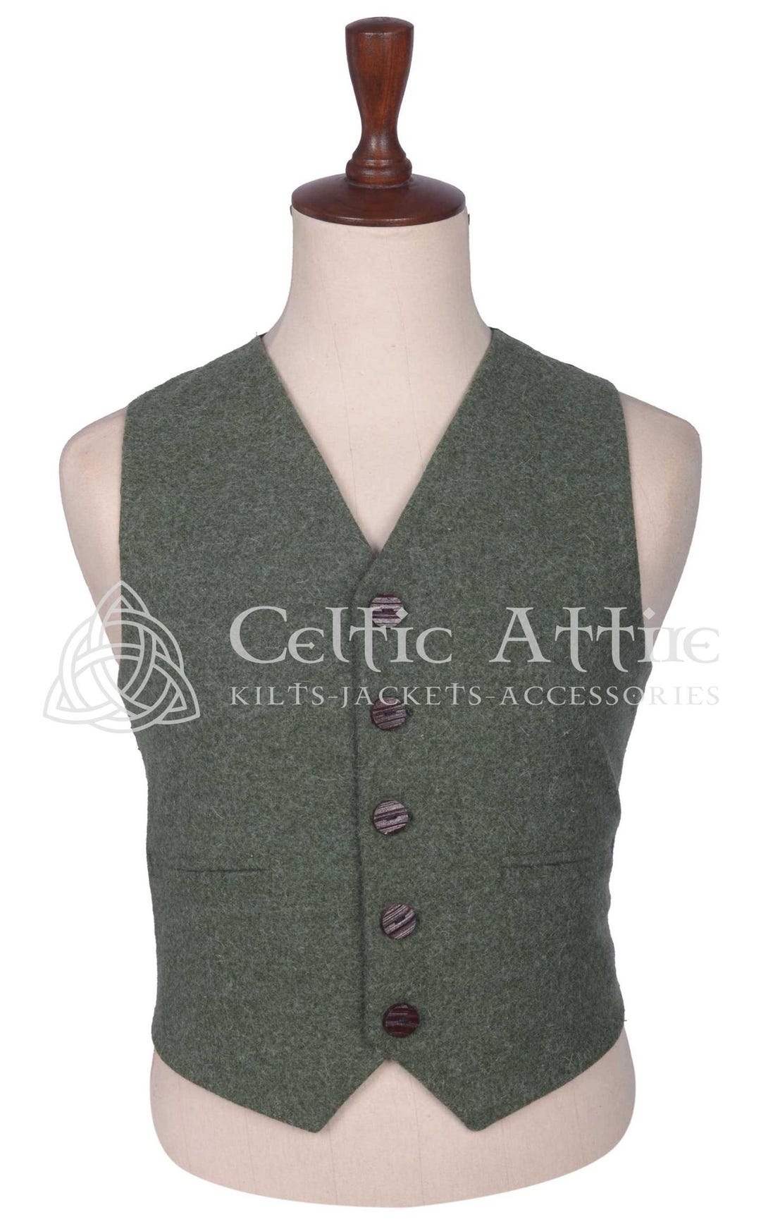 Green Lovat Wool Vest - Scottish Tweed Waistcoat - 5 Buttons Argyll ...
