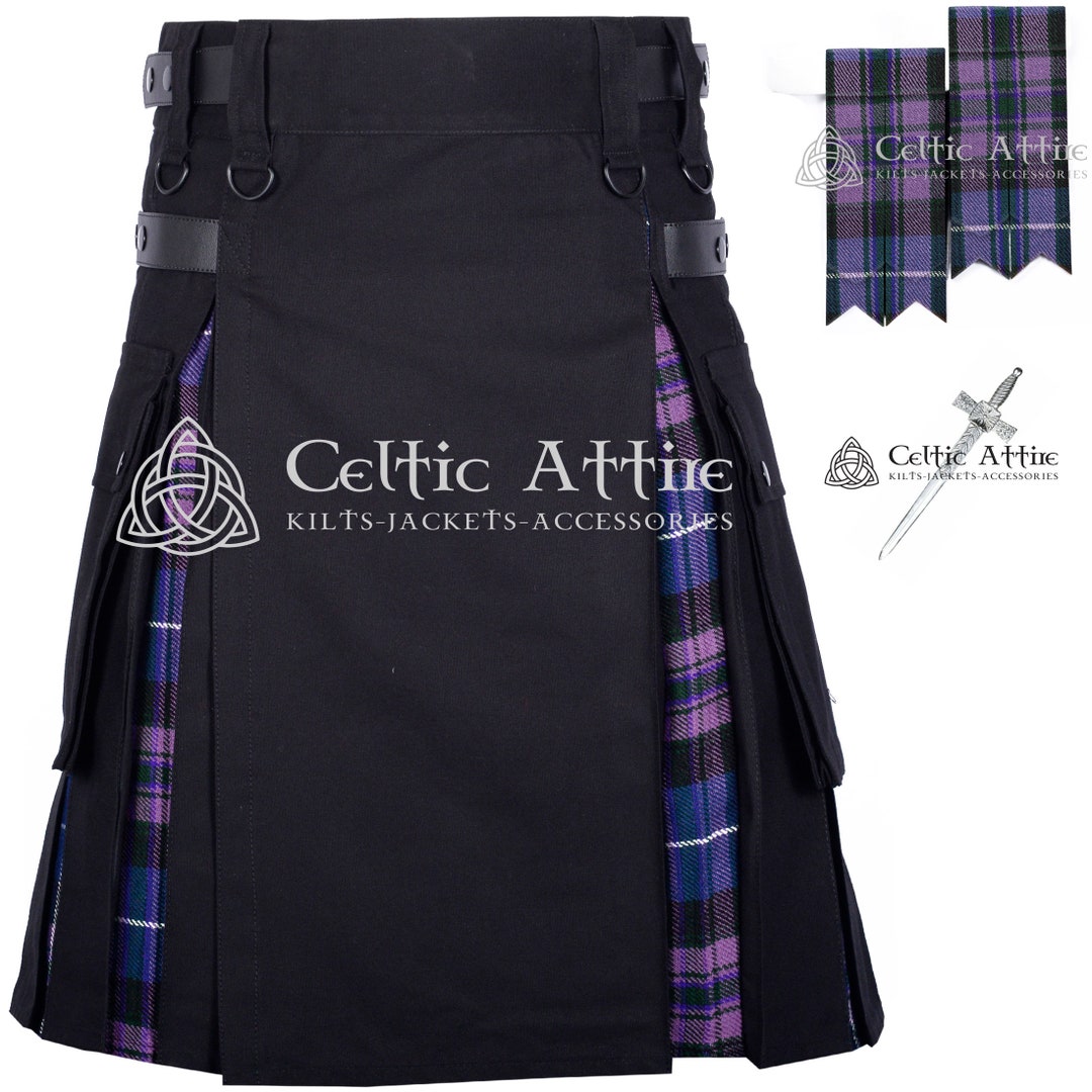 Black Cotton Utility Hybrid Kilt - Scottish Tartan Cargo Pockets KILT ...