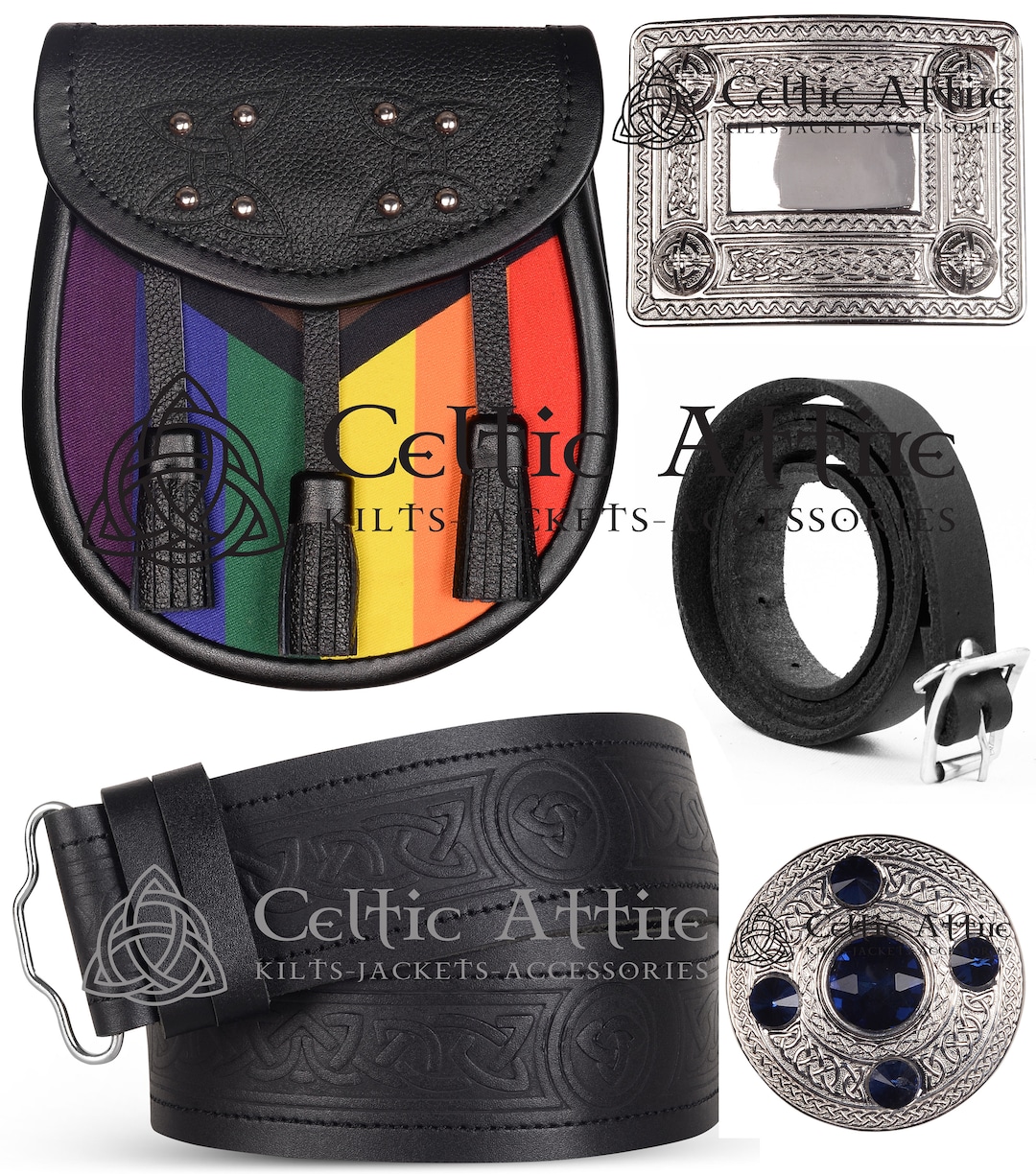 LGBTQ Pride Sporran - Scottish Kilt Sporran Package - Black Leather and ...