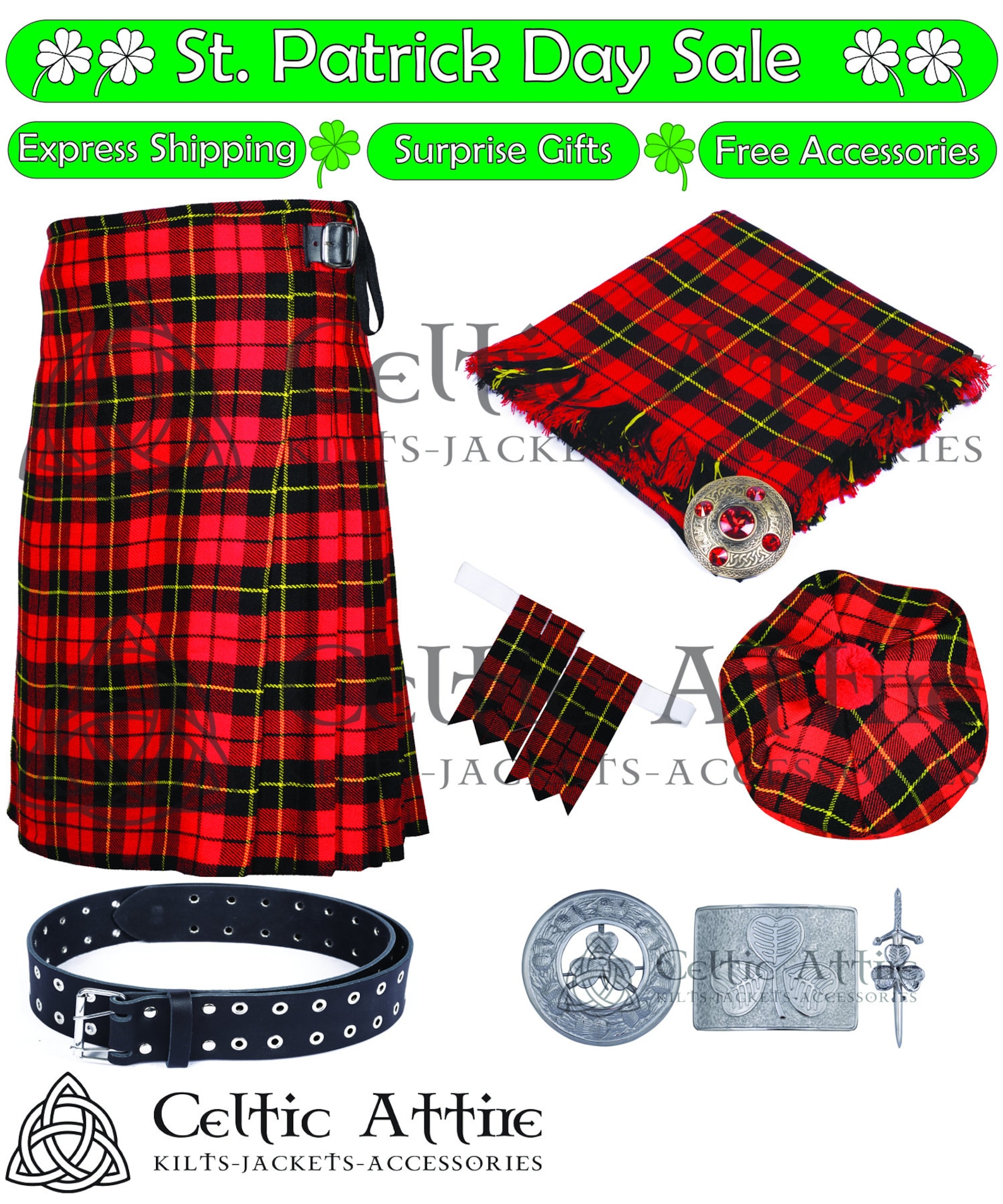 St. Patrick Day Kilt Package - Scottish Tartan 8 Yard Kilt - 8 Kilt ...