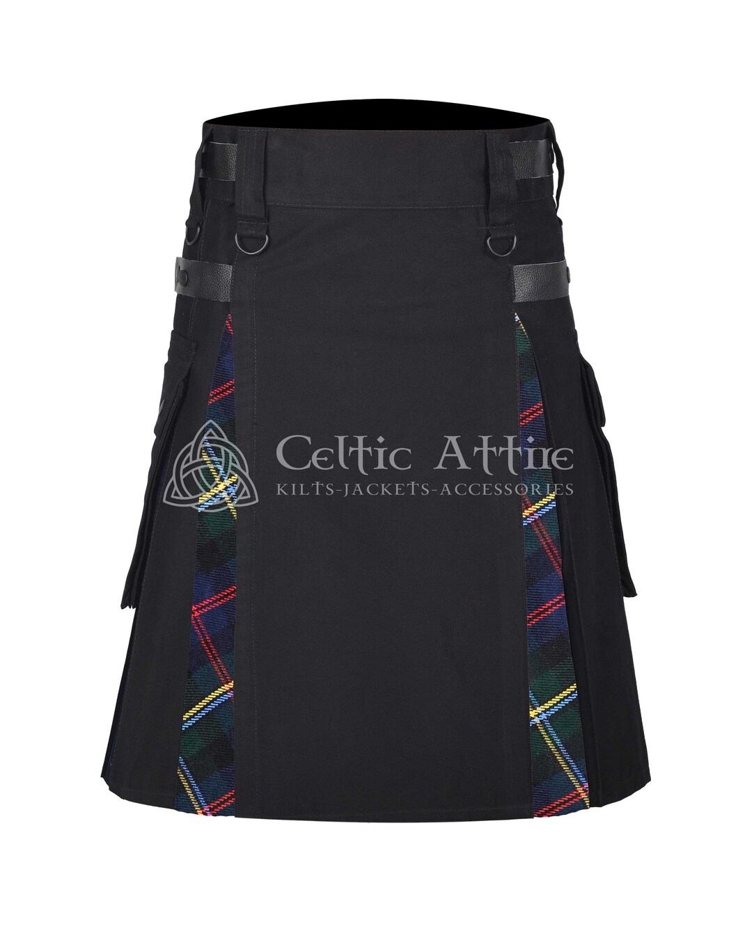 Malcolm Modern Tartan Hybrid Utility Kilt - Black Cotton Scottish Kilt ...