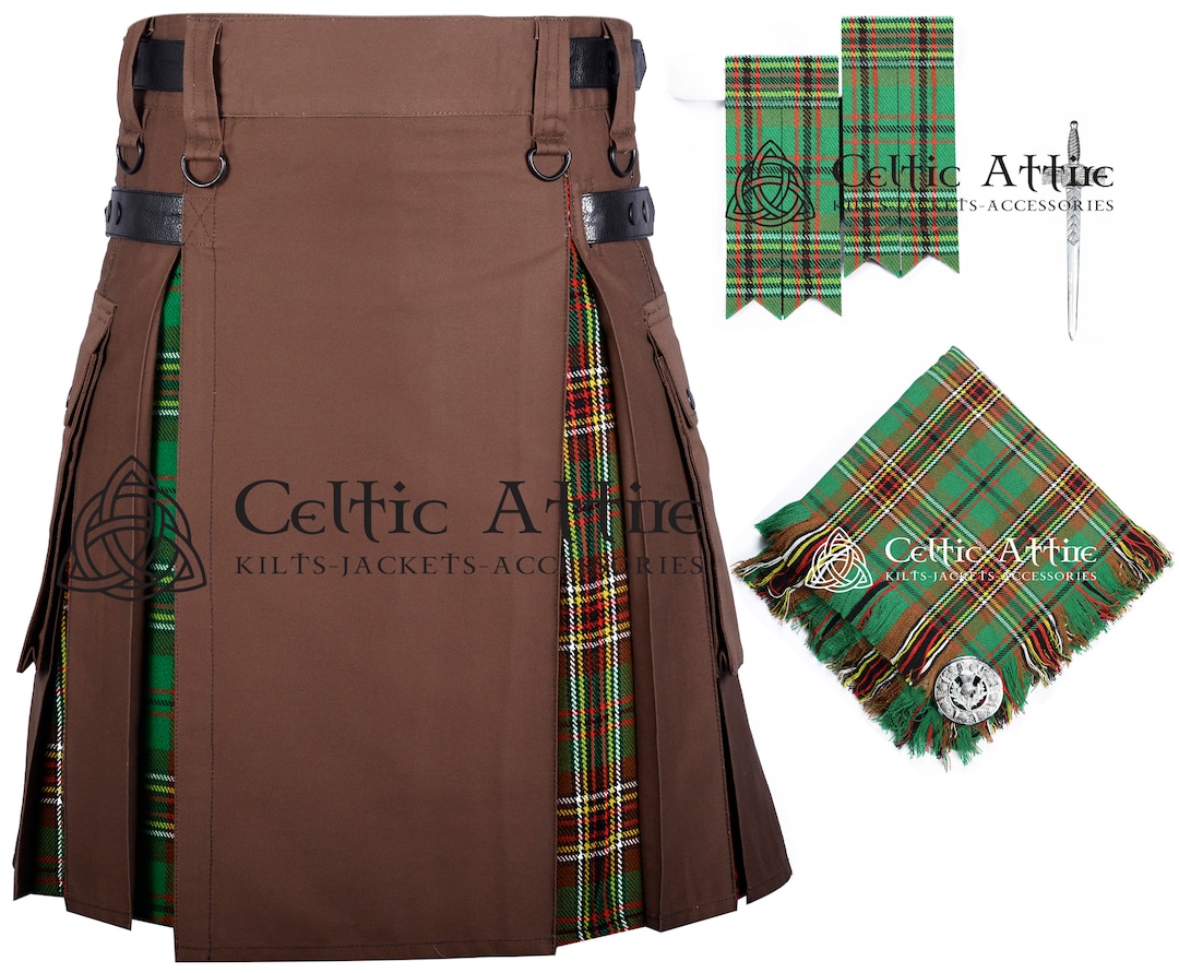 Brown Cotton Utility Hybrid Kilt - Scottish Tartan Cargo Pockets KILT ...