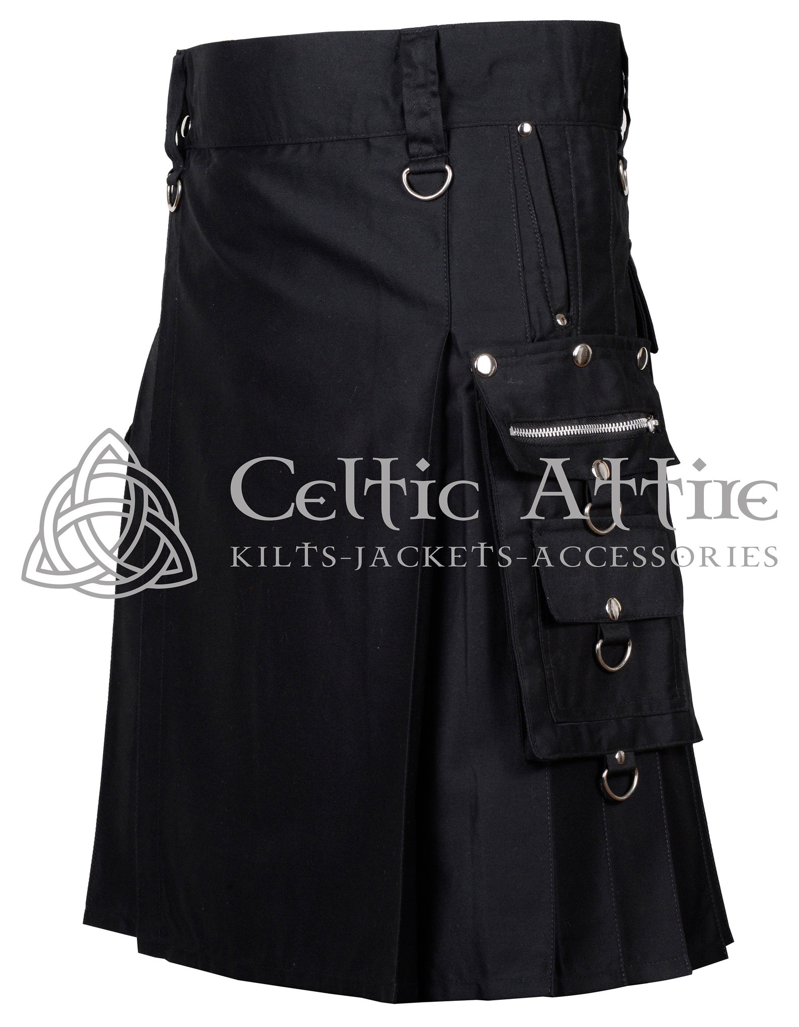 Gothic / Punk Rock Kilt for Men - Scottish Utility Kilt - Black Cotton ...