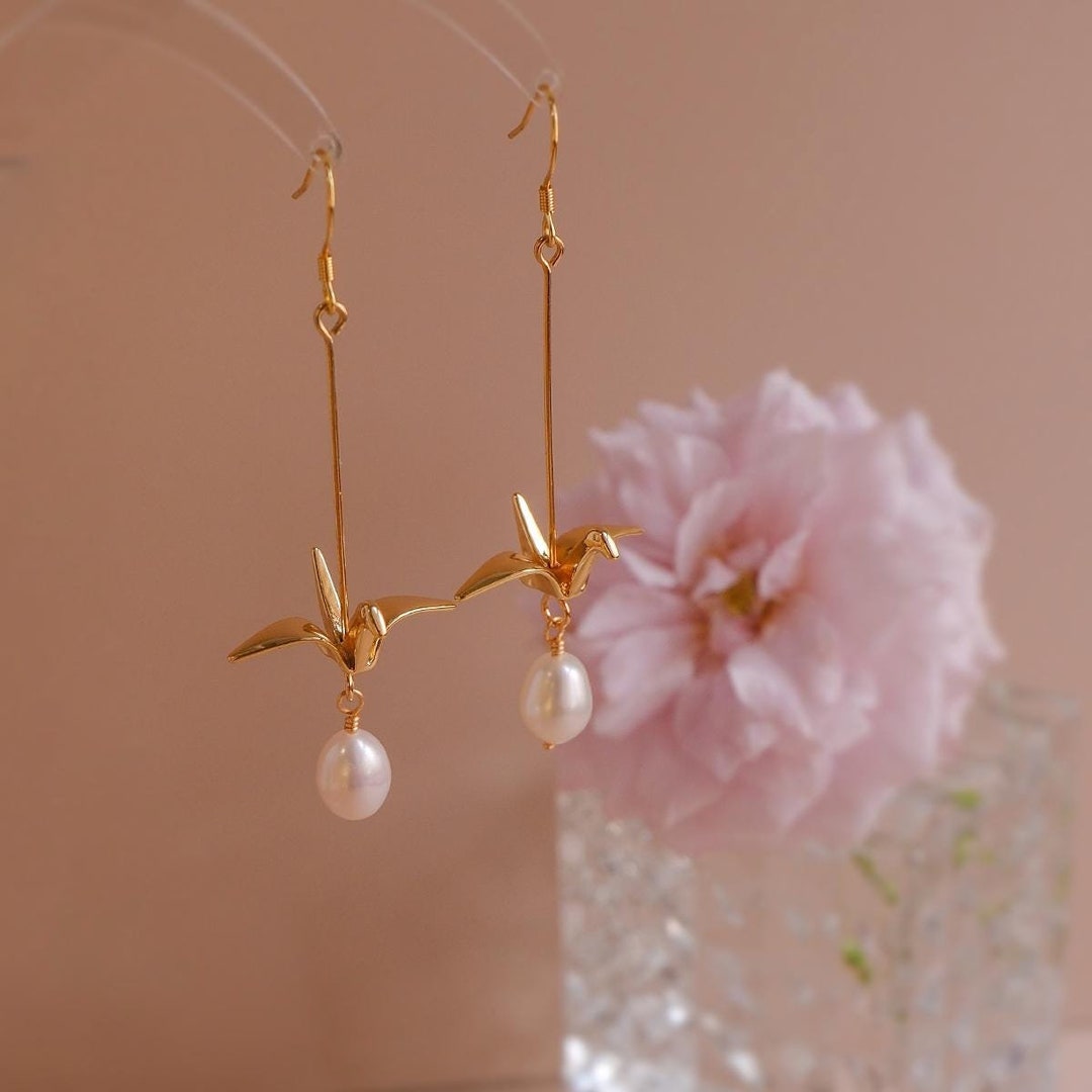 14K Gold Filled Origami Crane Pearl Earrings: Wire Wrapped Dangle ...