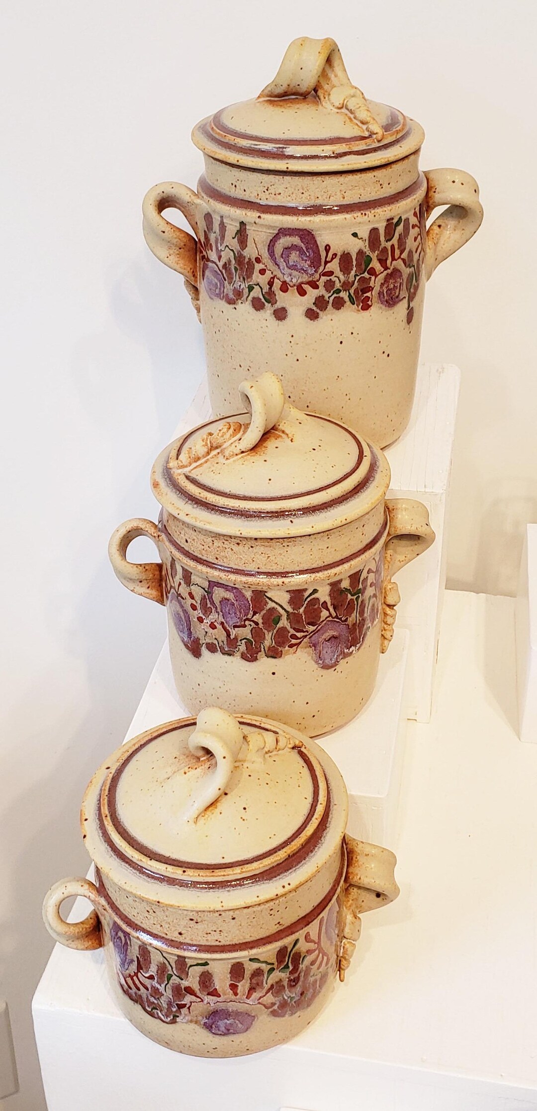 Tall Lidded Ceramic Canisters Set of 3 With Handles Tan and Purple ...