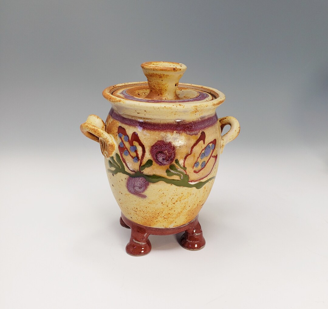 Lidded Ceramic Jar With Feet Warm Tan With Red Feet and Decoration ...