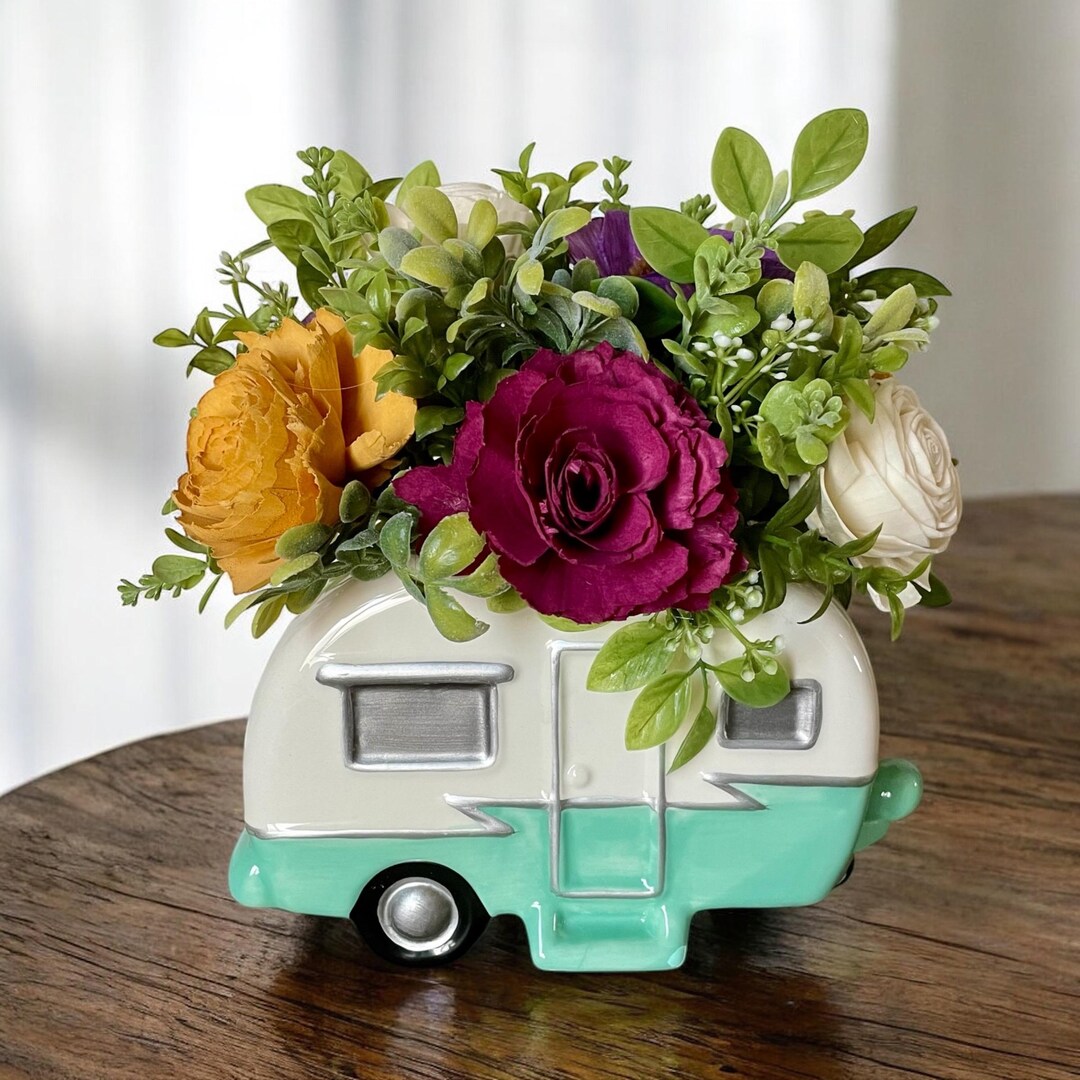 Sola Wood Flowers, Ceramic Camper, Faux Floral Arrangement, Centerpiece ...