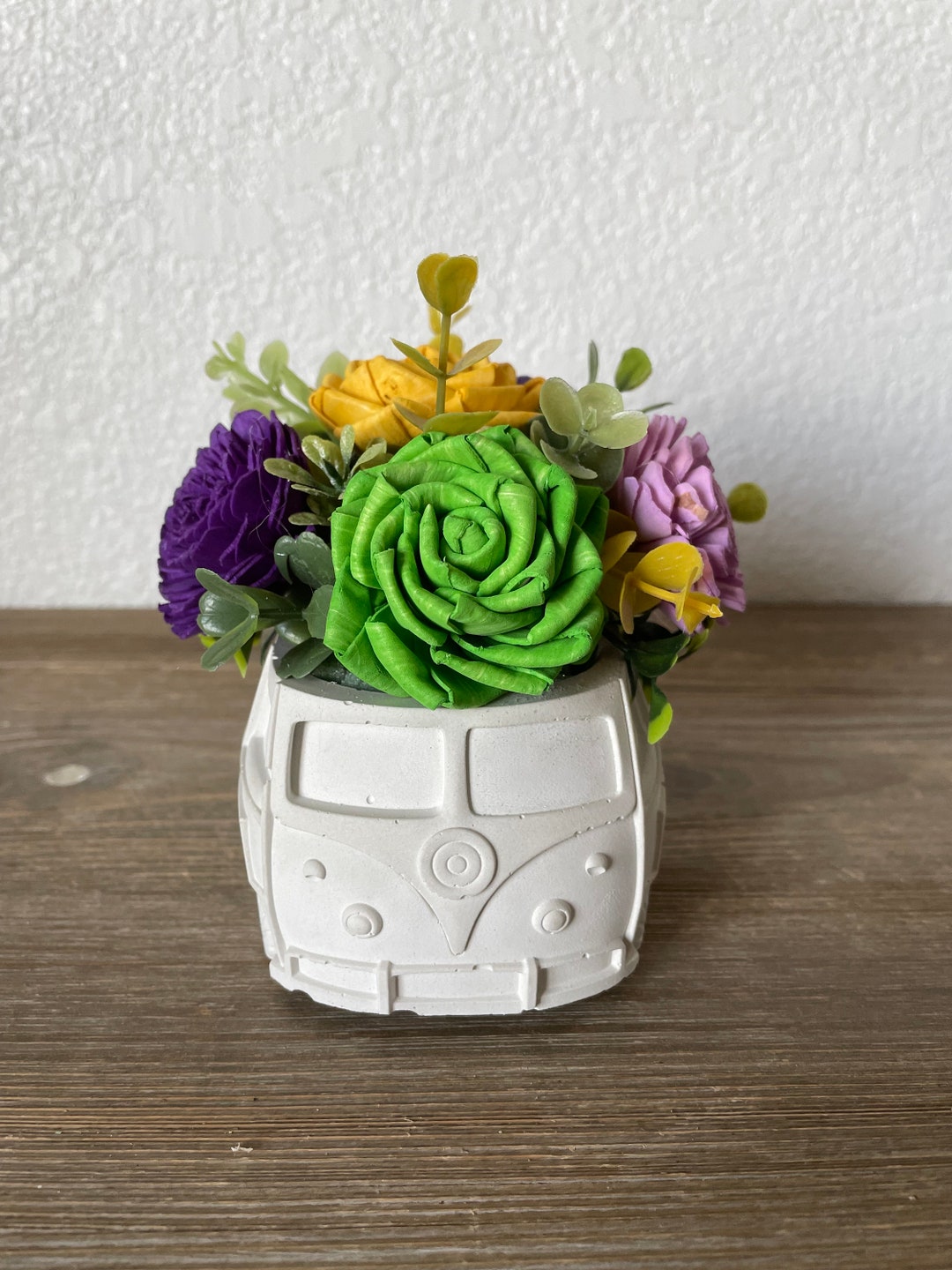 Vintage Bus Flower Arrangement, Sola Wood Flowers, Funny Car Planter ...