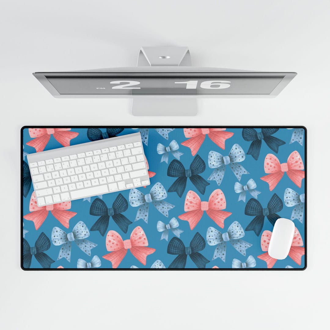 Coquette Pattern Desk Mat, Blue Pink Bows, Cute Office Decor, Mouse Pad ...