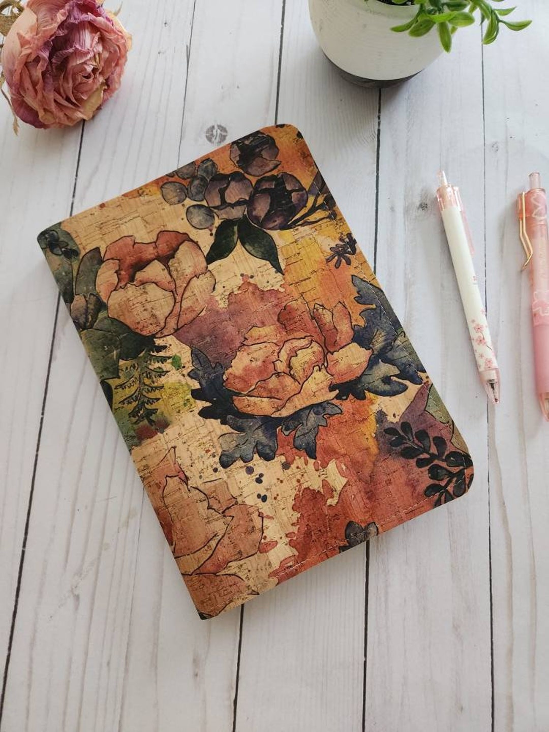 Watercolor Floral A5 Cork Cousin Cover, Slip on Planner Cover, Vegan ...
