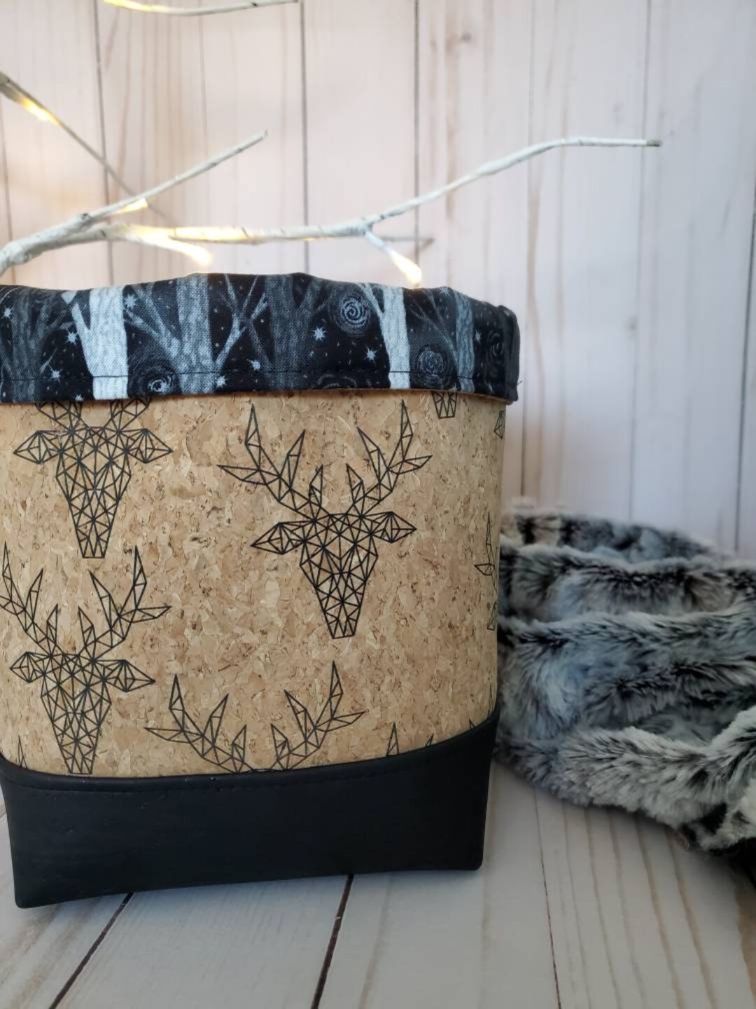 Deer Cork Basket, Cork and Fabric Bin, Sustainable Home Decor, Rustic ...