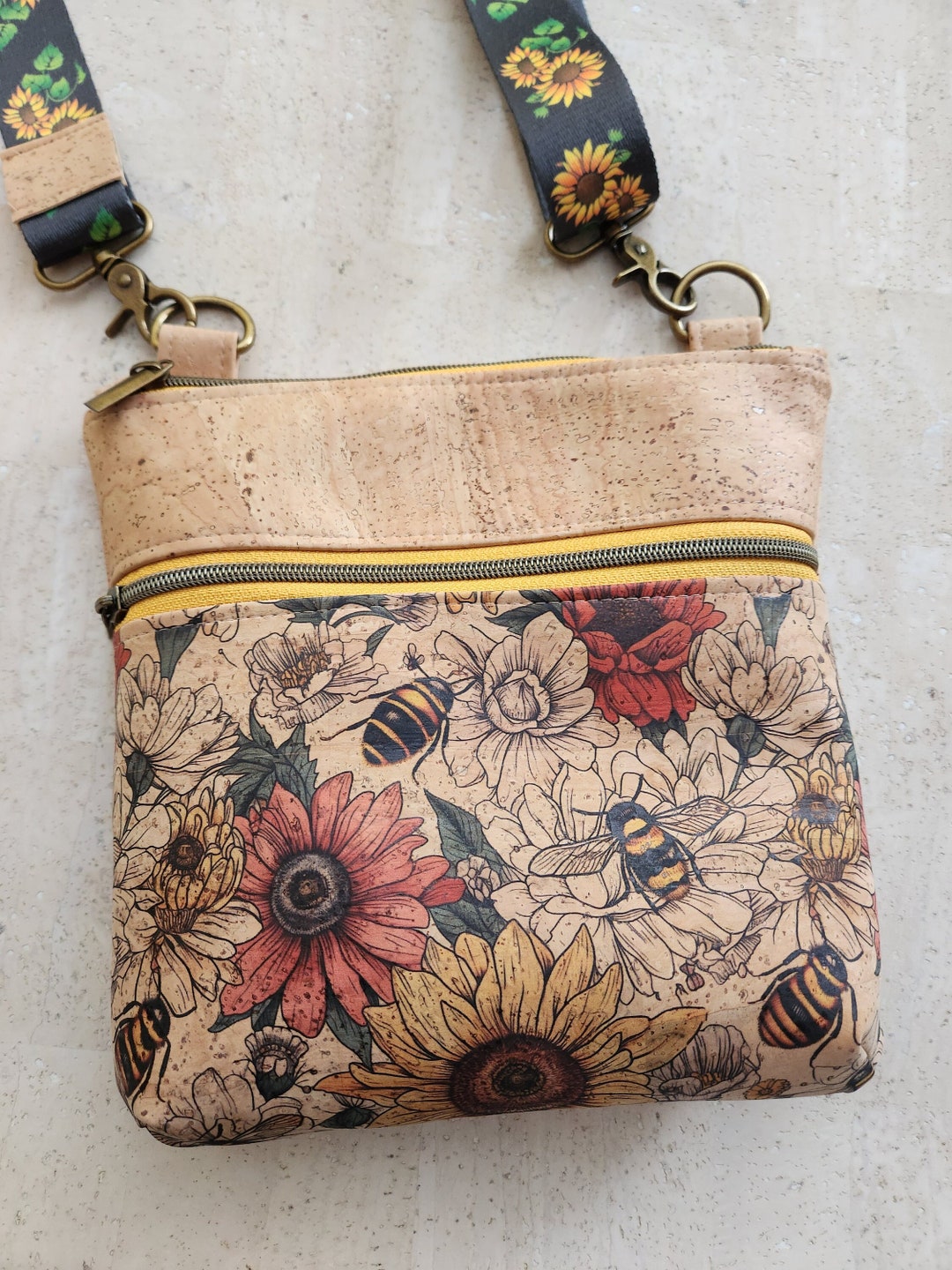 Cork Cross Body Bag, Sunflower and Bees Cork Bag, Vegan Handbag, Gift ...