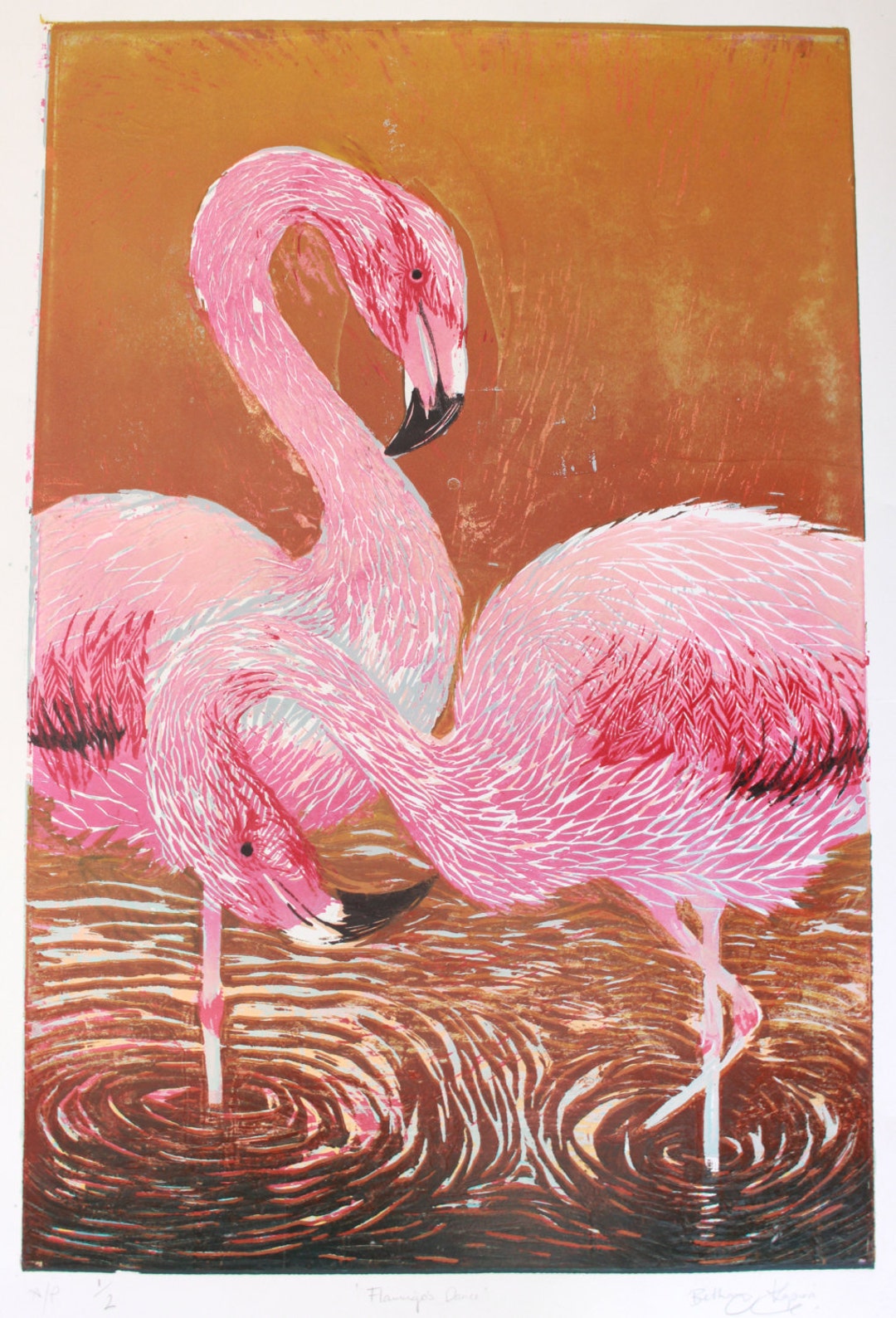 Flamingo Woodblock Print - Etsy