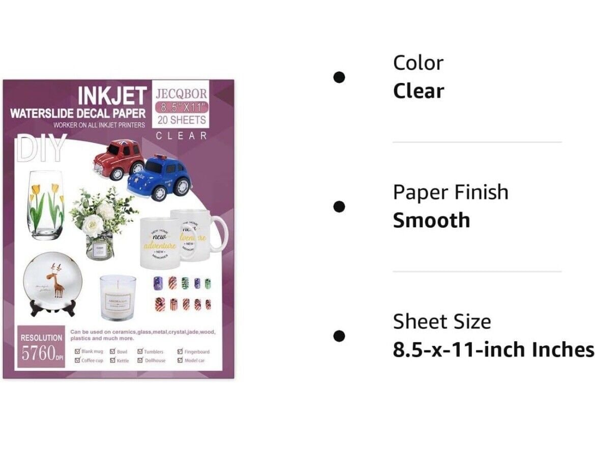 Waterslide Decal Paper Inkjet CLEAR or WHITE 20 Sheets 8.5x11 Water ...