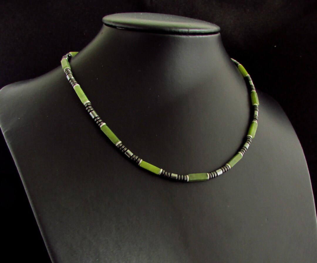 Light Green Jade and Hematite Mens Necklace, Natural Gemstone Beaded ...