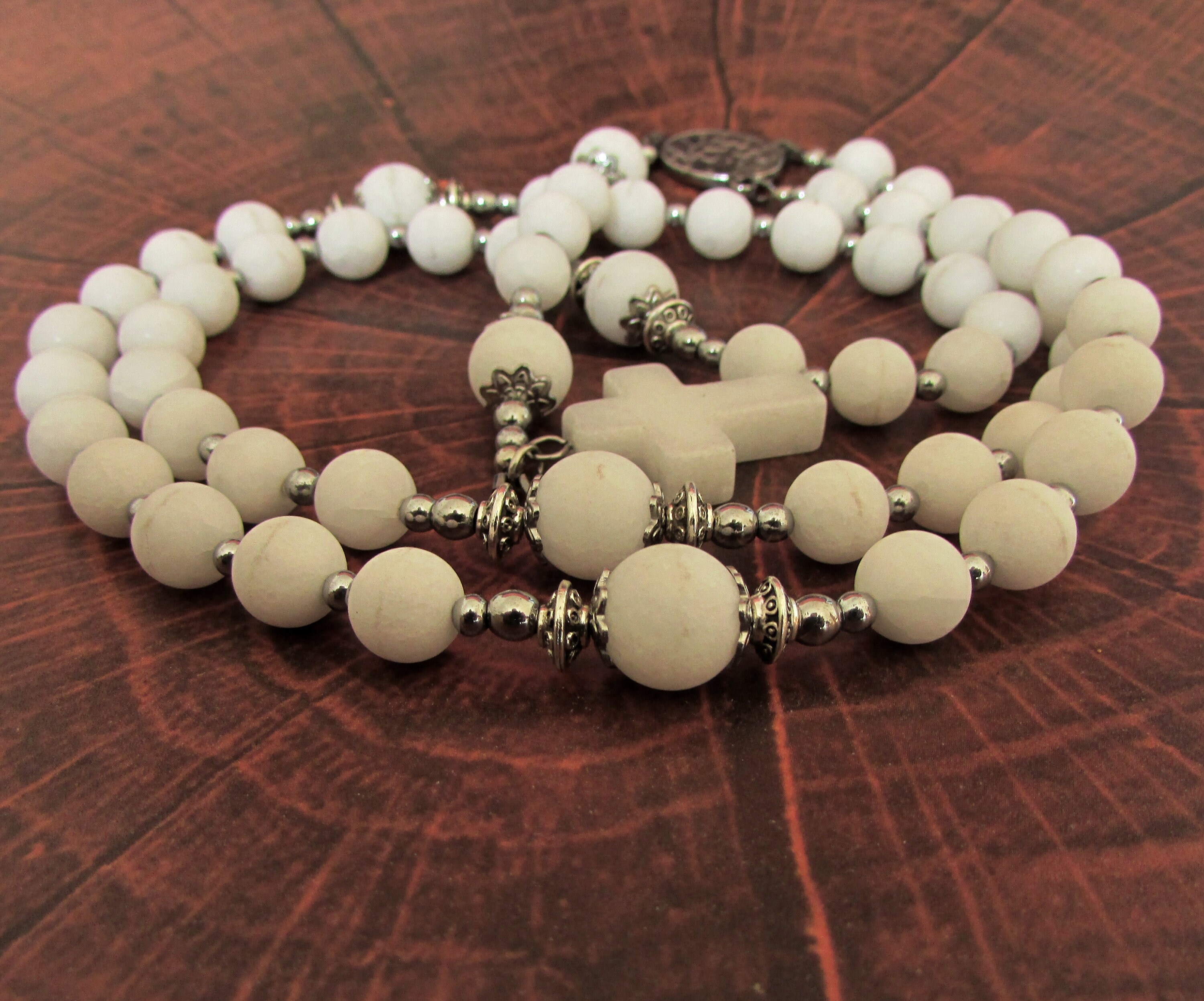 White Matte Alabaster and Agate Rosary Necklace 5 Decades - Etsy