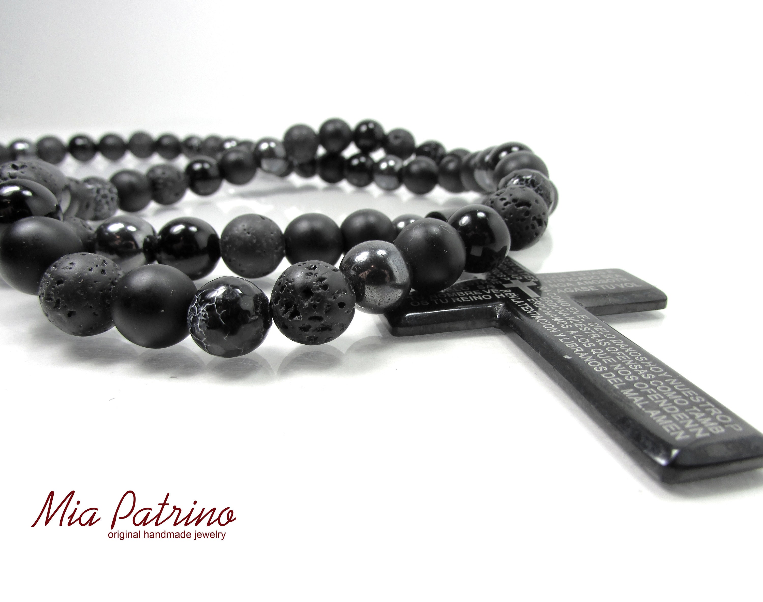 Onyx Lava Agate Hematite Mens Necklace With Stainless Steel Cross ...