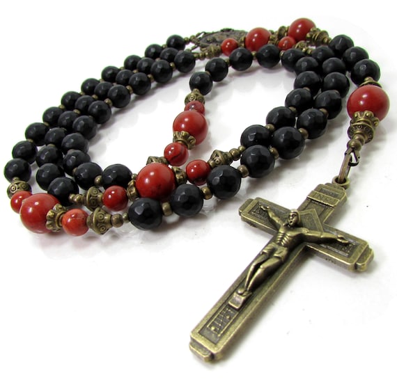 Red Jasper and Black Onyx Rosary Necklace Bronze Cross Mens Cross Necklace Handmade Mens Rosary Necklace Gemstone Rosary Gift Box Etsy