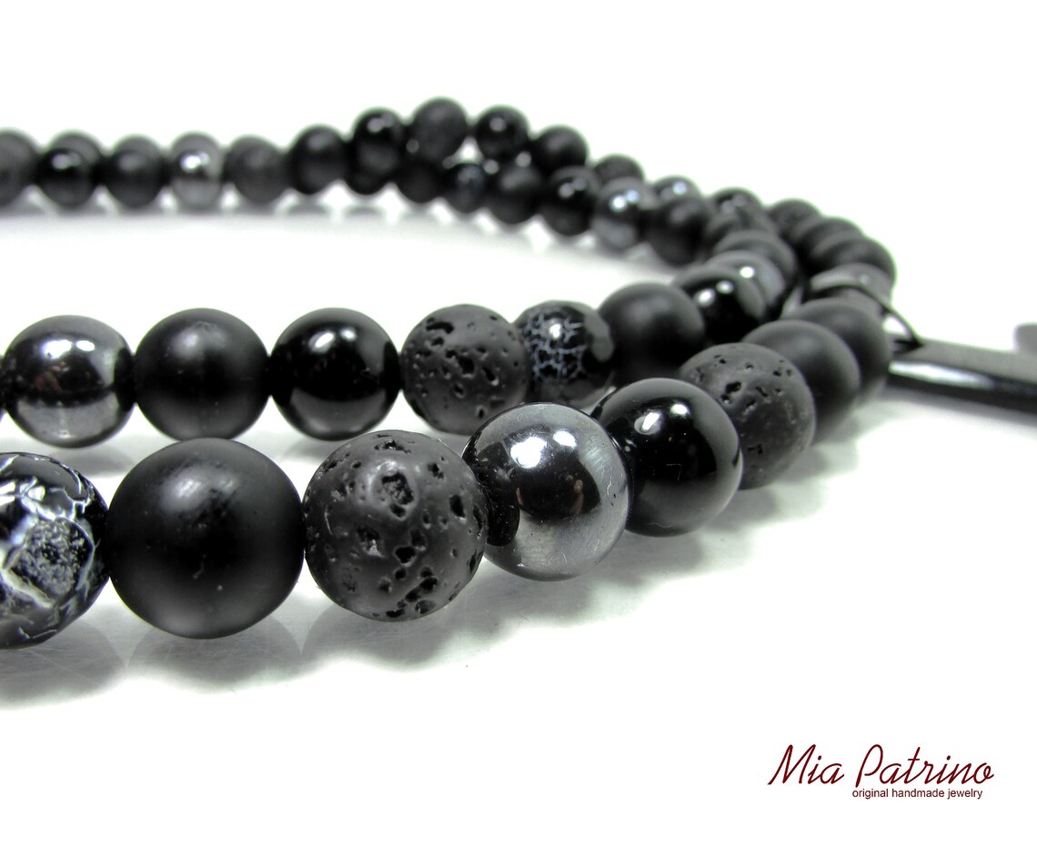 Onyx Lava Agate Hematite Mens Necklace With Stainless Steel Cross ...