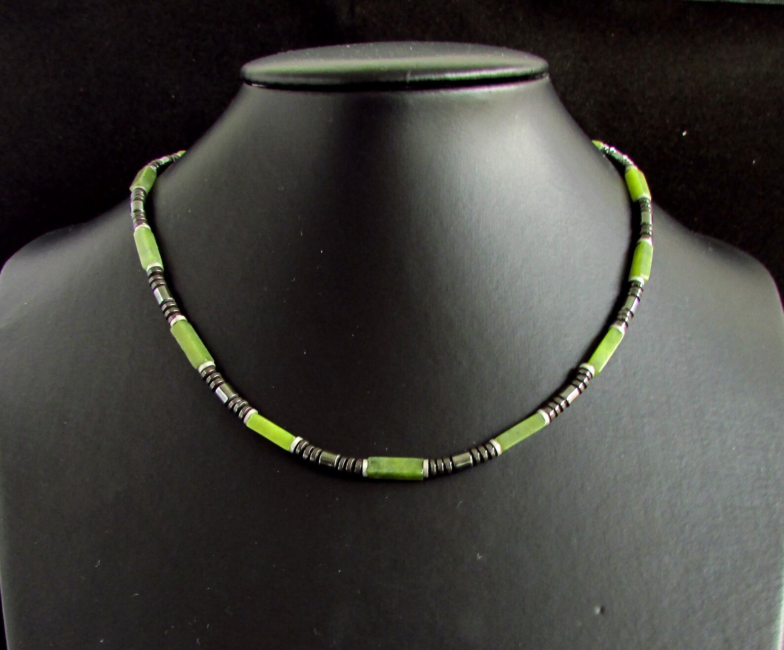 Light Green Jade and Hematite Mens Necklace, Natural Gemstone Beaded ...