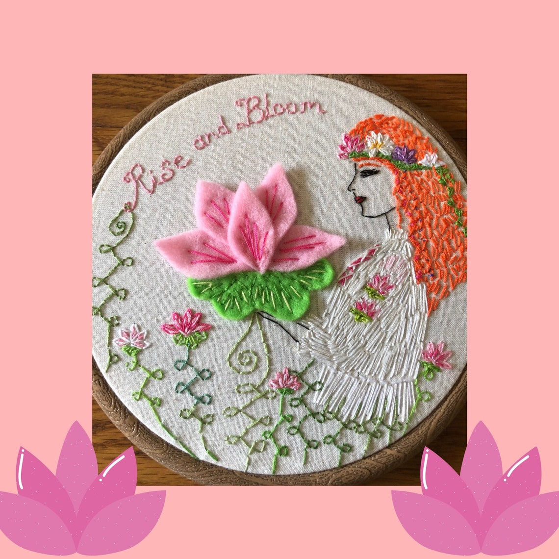 Hippy Style Pink Lotus Flower Hand Embroidered Wall Art | Etsy