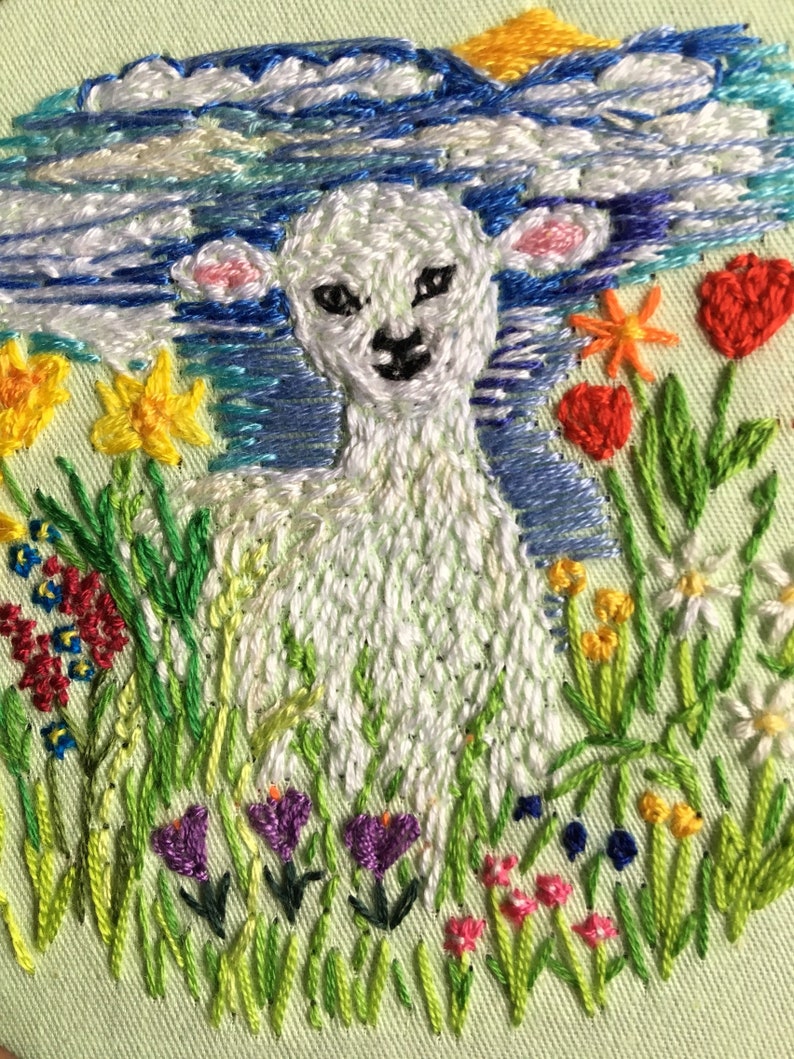 Lamb in a Field of Flowers Beautiful Hand Embroidery Wall | Etsy