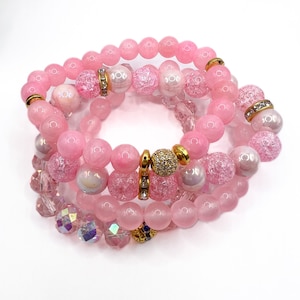 Pink Beaded Bracelet Stack Set, Semiprecious Gemstone Stretch Bracelets ...