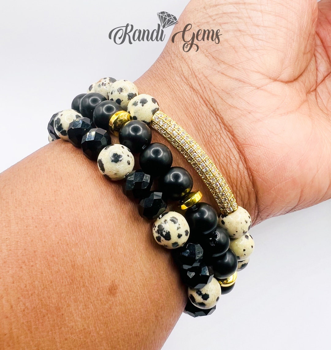 Beaded Stacked Bracelet Set, Dalmatian Jasper & Black Agate Stone Beaded Bracelet Set, Stretch ...