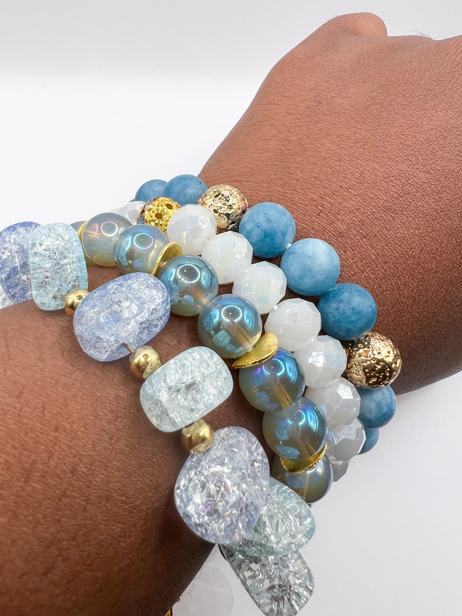Matte Blue and Gold Beaded Bracelet Stack Set, Semiprecious Gemstone ...