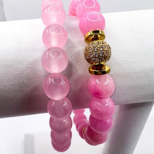 Pink Beaded Bracelet Stack Set, Semiprecious Gemstone Stretch Bracelets ...